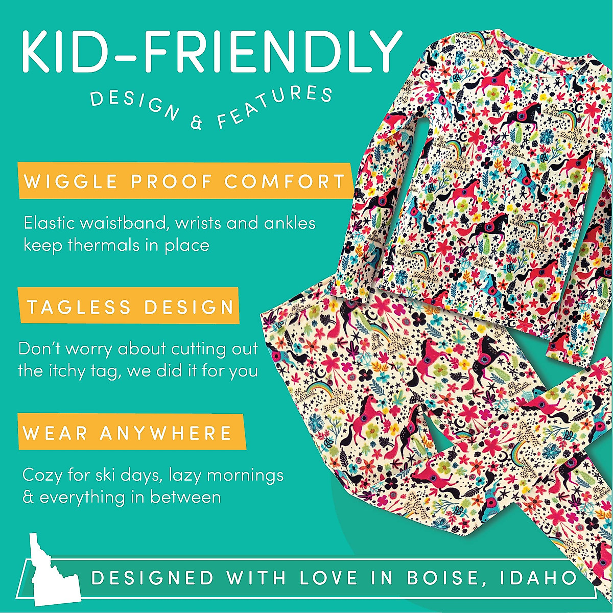 Lone Cone Kids Thermal Underwear Set, Super Comfy Girls & Boys Thermal Underwear Set With Fleece Lined Top And Bottom Matching Set In Fun Patterns For Toddlers And Kids, Extra Small, Moroccan Horse