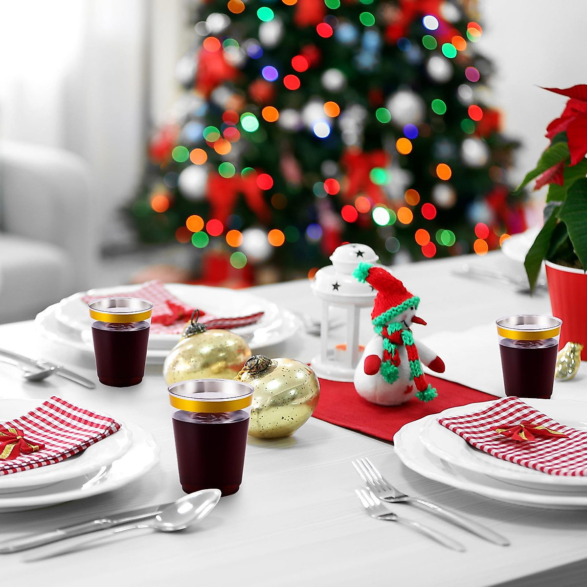 JOLLY CHEF 100 Pack 10 oz Gold Plastic Cups, Clear Plastic Glasses Tumblers, Elegant Gold Rimmed Disposable Cups Perfect for Weddings, Thanksgiving Day, Christmas