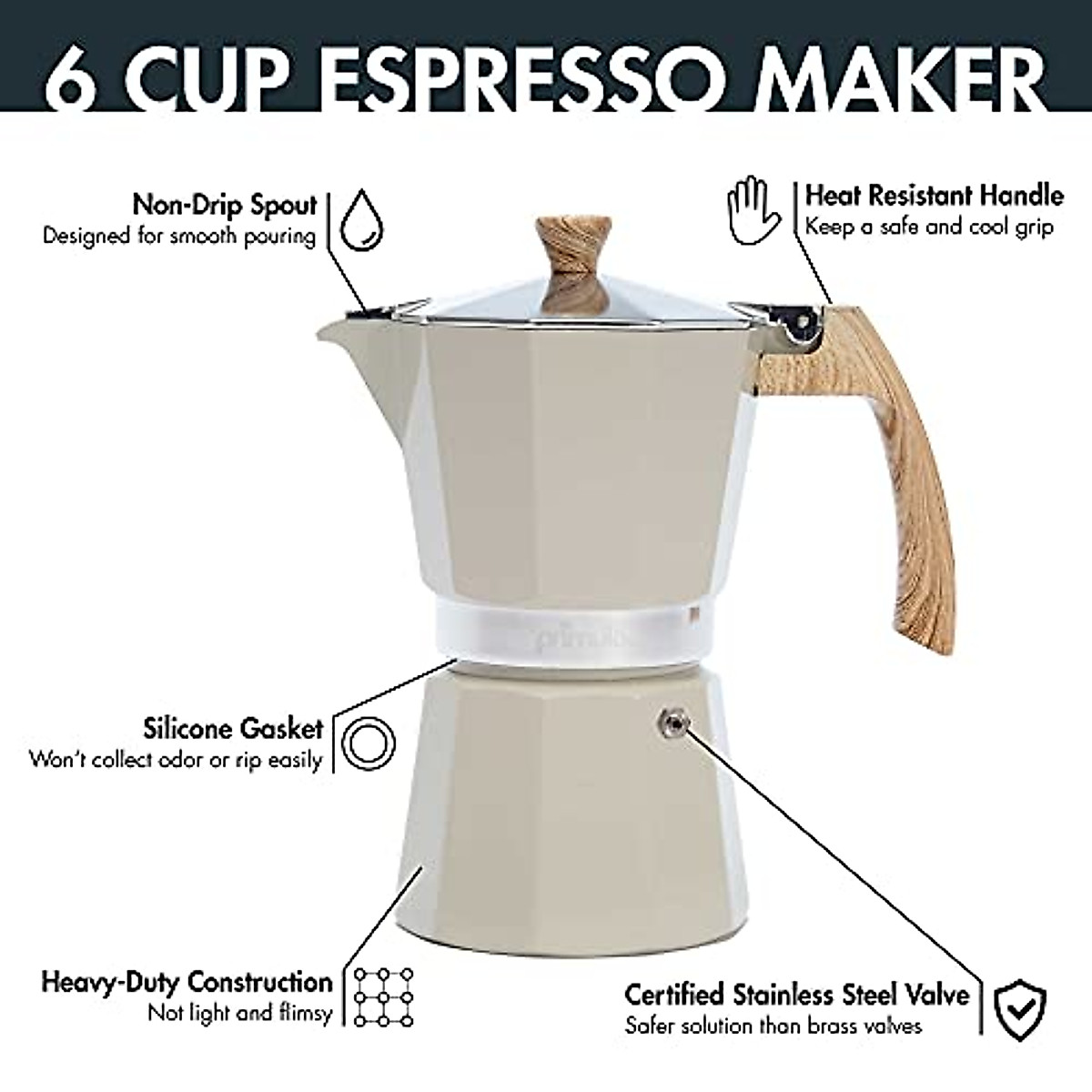 Primula Aluminum Stove Top Espresso Maker, Percolator Pot for Moka, Cuban Coffee, Cappuccino, Latte and More, Perfect for Camping, 6 Cup, Cream
