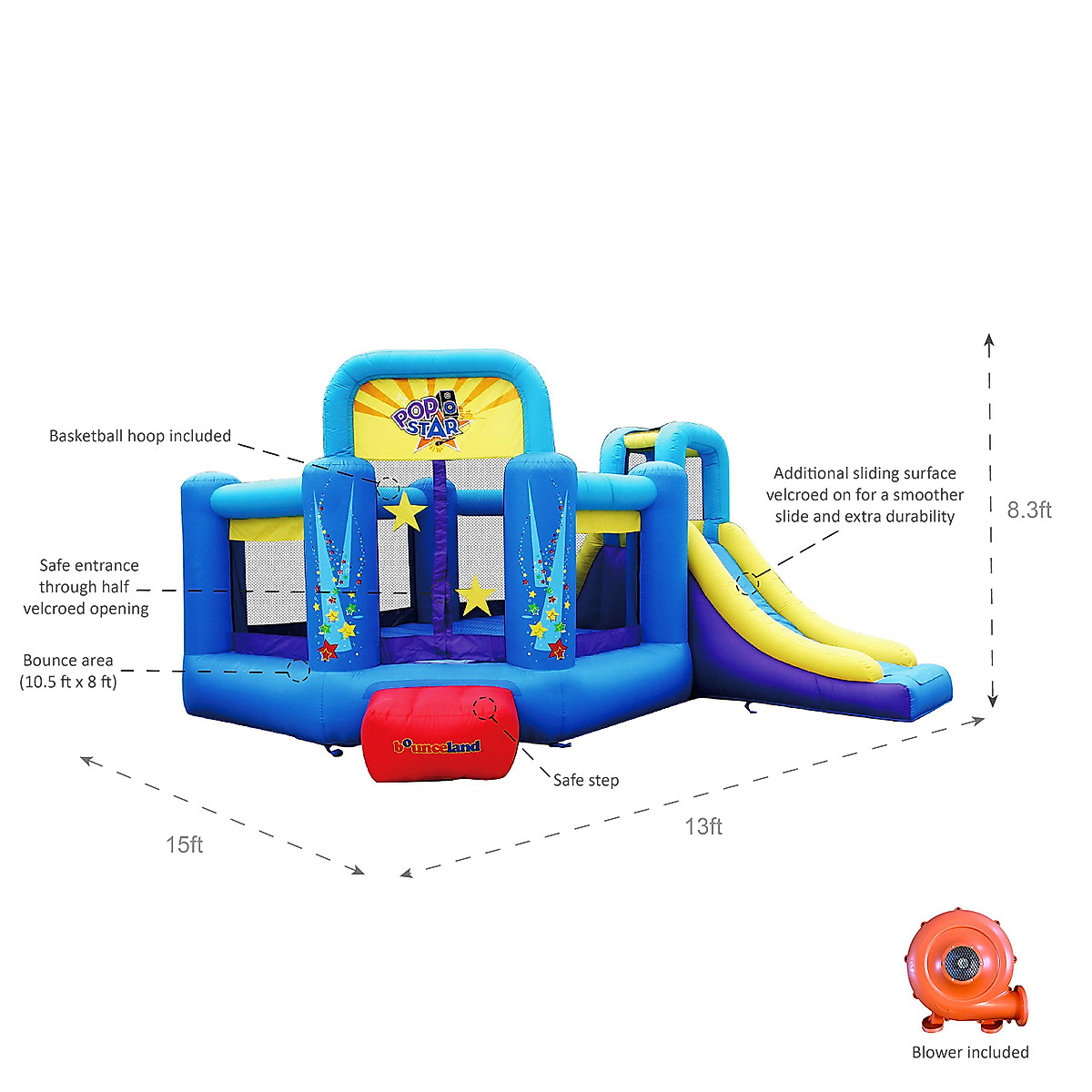 Bounceland Pop Star Inflatable Bounce House Bouncer, Large Bouncing Area with Long Slide, Climbing Wall, Basketball Hoop, UL 1HP Blower Included, 15 ft x 13 ft x 8.3 ft H, Pop Star Kids Party Theme