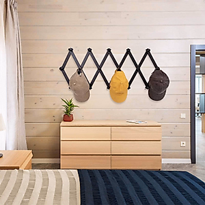 SCUNDA Accordion Wall Hanger with 16 Hooks, Wooden Wall Expandable Coat Rack for Coat, Hats, Baseball Caps, Coffee Mug, Jewelry(Black)