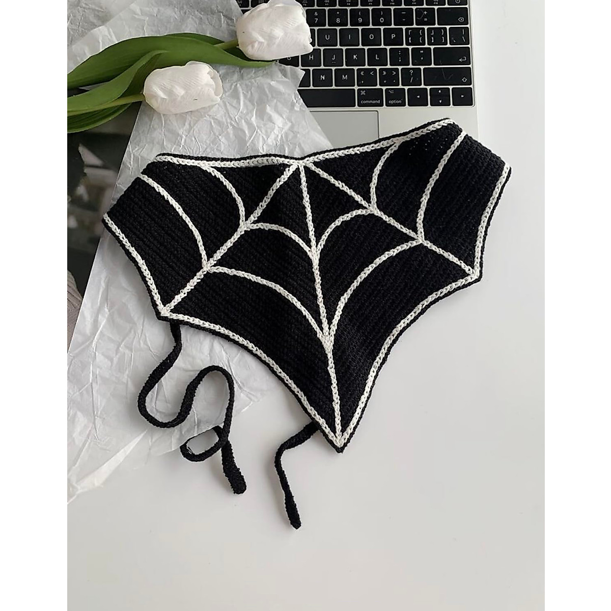 ClawsandPaws Gothic Spiderweb Crochet Bandana Scarf, Spiderweb Greyscale Halloween Style, Spider Web Witch Board Gothic Neck Bandanas, Triangle Headband, Unisex, Black