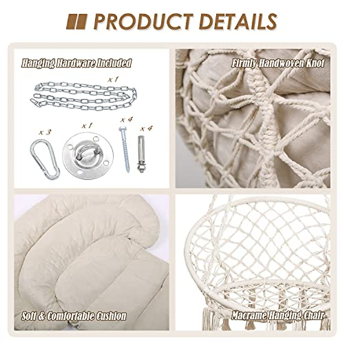 Hammock Chair with Cushion, Handmade Macrame Swing Chair with Hanging Hardware Kits, Bohemian Style Cotton Rope, Hanging Chair for Indoor Outdoor, Bedroom, Living Room, Patio -330lbs Capacity