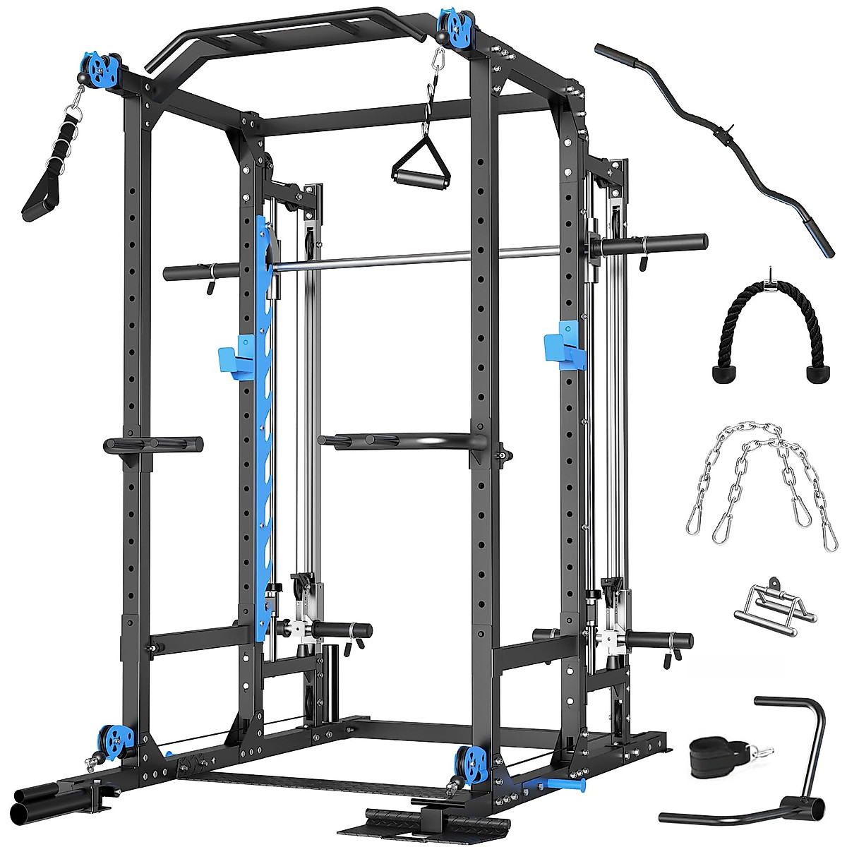 Multifunctional Power Cage Rack with Cable Crossover/Smith Machine System, LAT-Pull Down System,Squat Rack and More Training Attachments for Home Gym