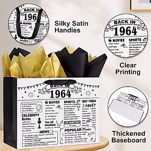 60th Birthday Gift Wrap Bag Vintage 1964 Gift Bag, 60th Birthday Decorations Paper Bag with Tissue Paper & Back in 1964 Poster, Happy Birthday Gift Bag for 60 Years Old Women/Men 13" x 10" x 5"
