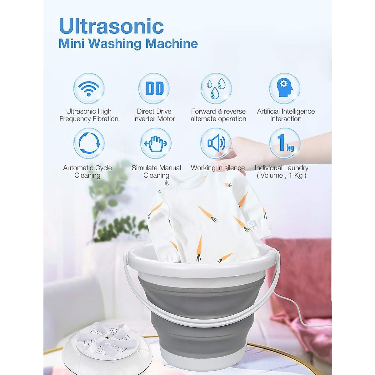 bubbacare Portable Washing Machine, Mini Washing Machine with Foldable Laundry Bucket,Portable Turbo Washer by for Socks Underwear Bra, Travel Business Trip or College Rooms, White Gray