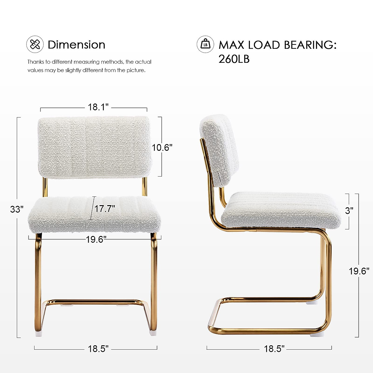Zesthouse Mid Century Boucle Dining Chairs Set of 2, White Retro Kitchen Chairs with Gold Legs, Upholstered Armless Accent Chairs Side Chairs for Living Room