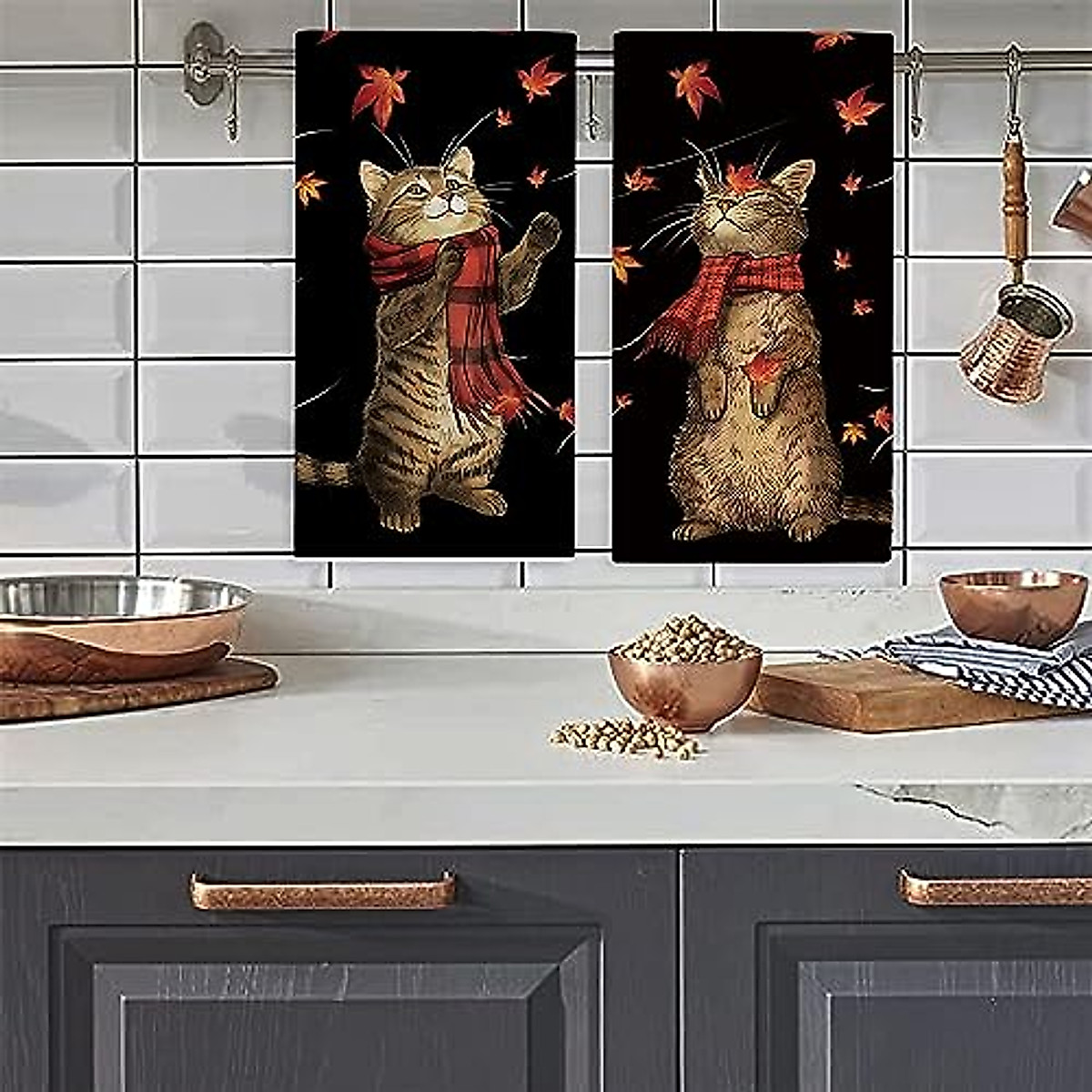 GAGEC Fall Kitchen Towels Cat Maple Leaf Fall Dish Towels Set of 2, Autumn Holiday Tea Towel 18 x 26 Inch Hand Drying Cloth Towel for Kitchen Home Decoration