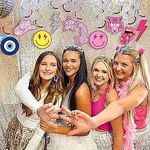 AellasNervalt 30Pcs Preppy Y2k Hot Pink Party Swirl Smile Face Lightning Ceiling Hanging Swirls Lips Leopard Whirl Streamers Decorations for Teen Girls Birthday Bachelorette Early 2000s Theme Party