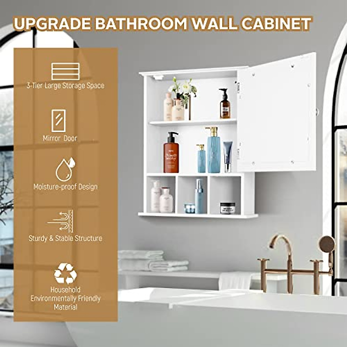 PHI VILLA Indoor Bathroom Medicine Cabinet with Mirror Wall Mounted Storage Cabinet Organizer with Mirrored Doors and Adjustable Shelf, White