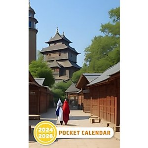 Pocket Calendar 2024 - 2026 With Moon Phase: Three-Year Monthly Planner for Purse , 36 Months from January 2024 to December 2026 | Eastern medieval village | Eastern temples