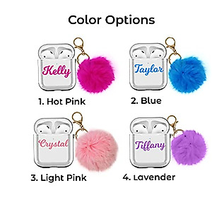 MARBLEFY Custom Name Airpods Case Cover Compatible with AirPods 2nd 1st Generation with Furball keychian, 4 Color to Choose Hot Pink Blue Lavender Pompom, Personalized for Girls and Women