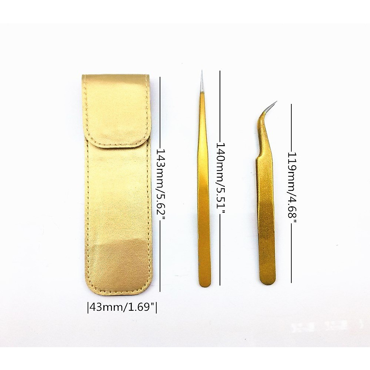 yueton 2pcs Gold Color Coated Stainless Steel Straight and Curved Head Tweezers with Leather Case for Eyelash Extension