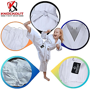 Knockout Fight Gear Karate Gi Kids & Adults Medium Weight Martial Arts Uniform Student Karate Gear With Free White Belt (White, 00 (3'9"-4'/50 lbs))