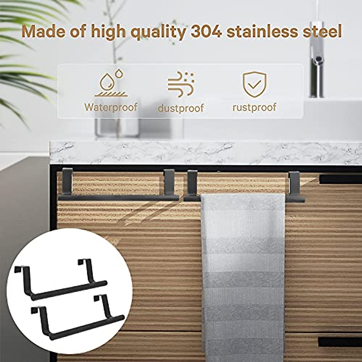 2PCS Over The Door Towel Rack, Black Hangable Towel Holders, 430 Stainless Steel Towel Rack, Punch Free Nail Free Cabinet Door Towel Rack, Kitchen Over Cabinet Towel Bar for Home Hotel(23cm)