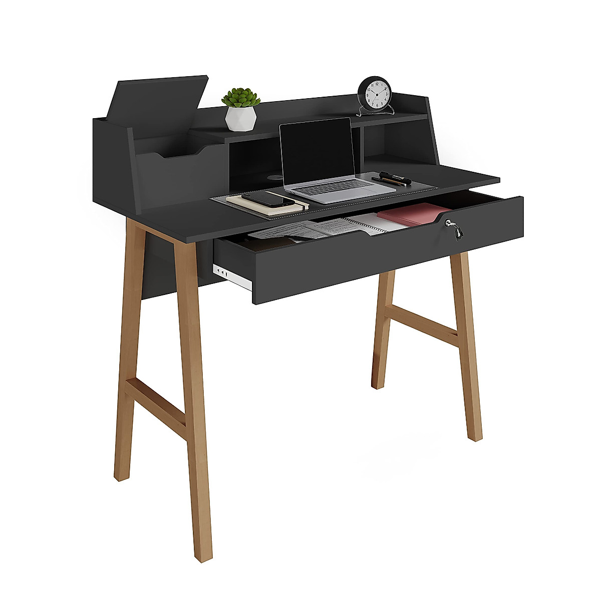 Modern Design Roma Small Desk for Bedroom, 40 inch Black Writing Desk with Hutch and Locking Drawer, by Crafts and Comfort