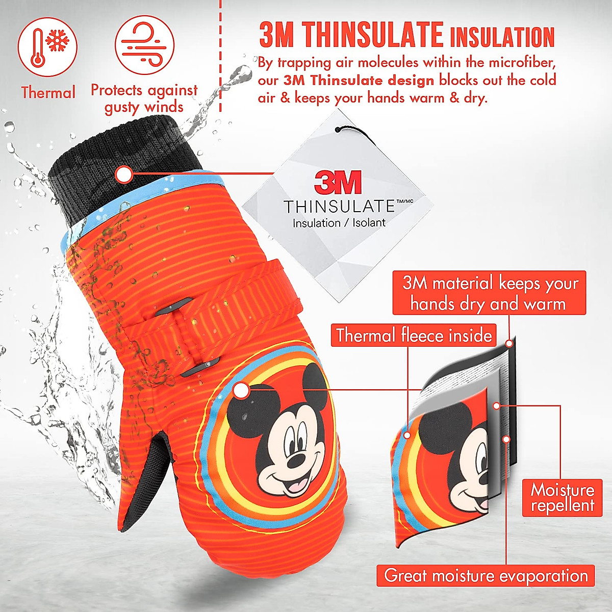 DISNEY Mickey Mouse Toddler Mittens Ages 2-4, Waterproof Toddler Gloves, Mickey Kids Snow Mittens, 3M Thinsulate Gloves