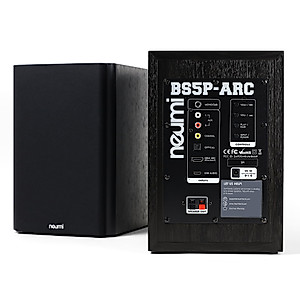 NEUMI BS5P-ARC 75-Watt Powered Bookshelf Speakers, Bluetooth, HDMI, USB, Optical, Coaxial, Remote Control, 5-Inch Woofer, 1-Inch Tweeter, Dark Wood, 1 Pair