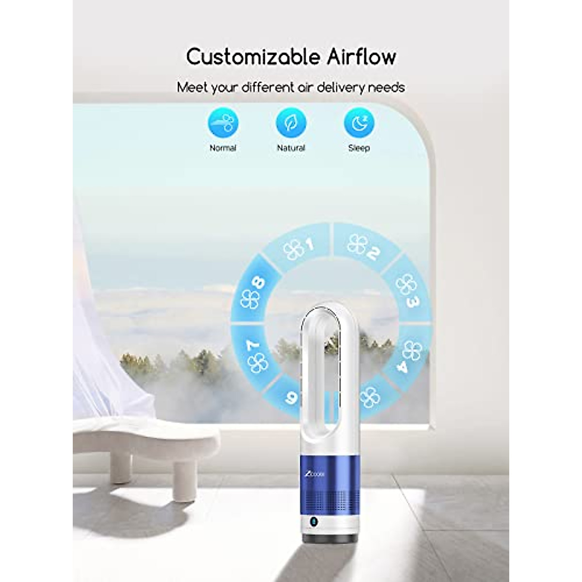 ZICOOLER Bladeless Fan, 22" Tower Fan with Remote, 8 Speeds, 9H Timer, 80°Swing, Oscillating Fans for Home, 35dB Quiet DC Standing Floor Fan for Bedroom