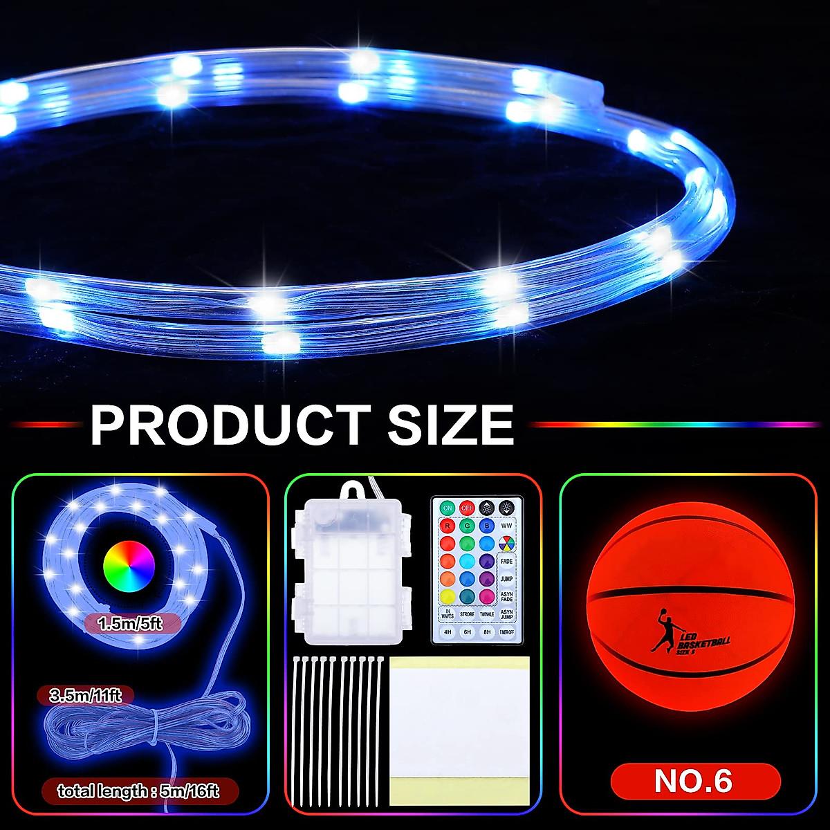 2 Pcs Light Basketball Glow in the Dark Basketball LED Basketball Hoop Lights Remote Control Basketball Rim Lights Waterproof Rim Lights 17 Colors 7 Lighting Modes for Boys Gift Age 12(Number 6)