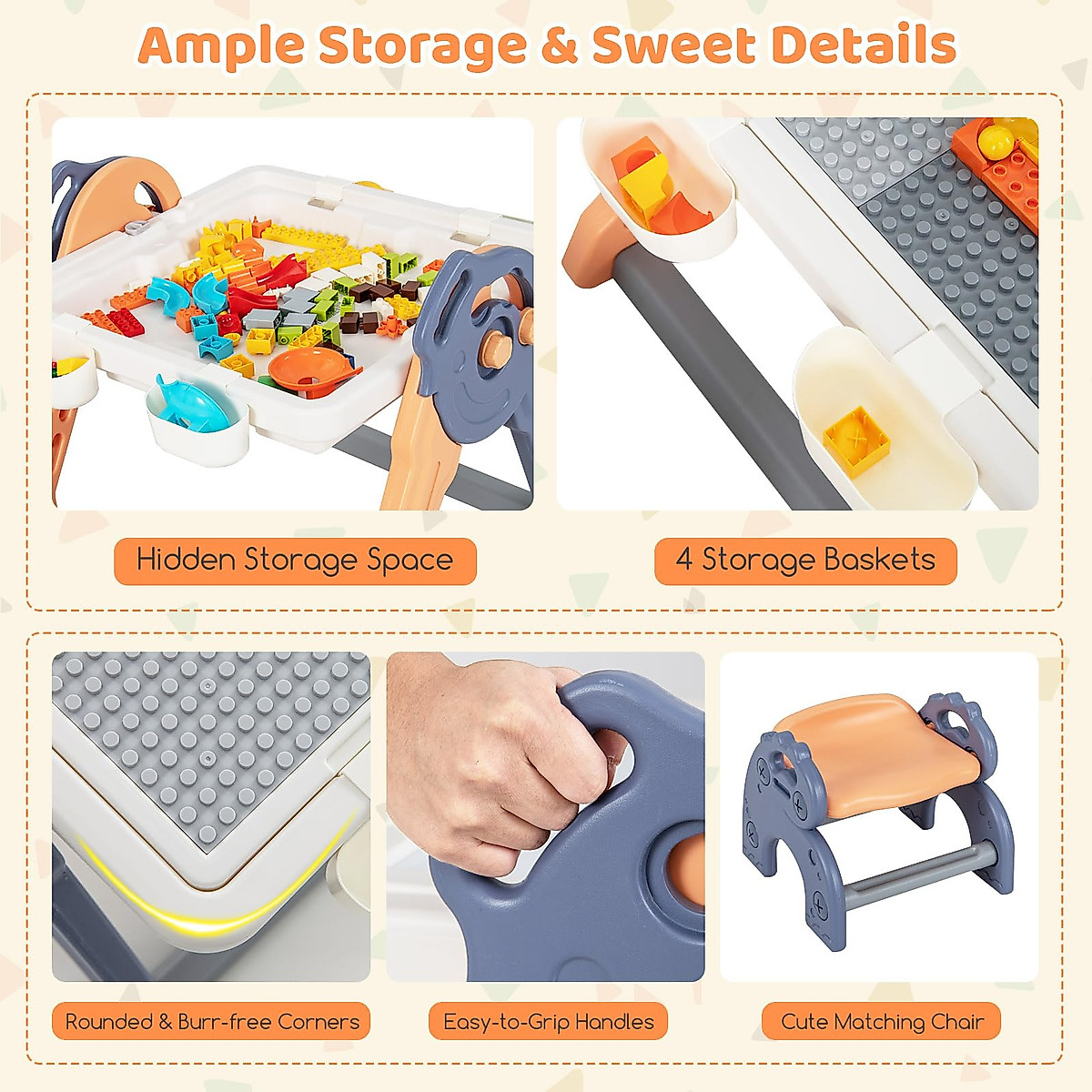 Costzon 6-in-1 Kids Table & Chair Set, Folding Art Easel w/Markers, Eraser, 102 Pcs Compatible Bricks, Reversible Building Block Tabletop, Storage Space & Baskets, Activity Table for Sand & Water