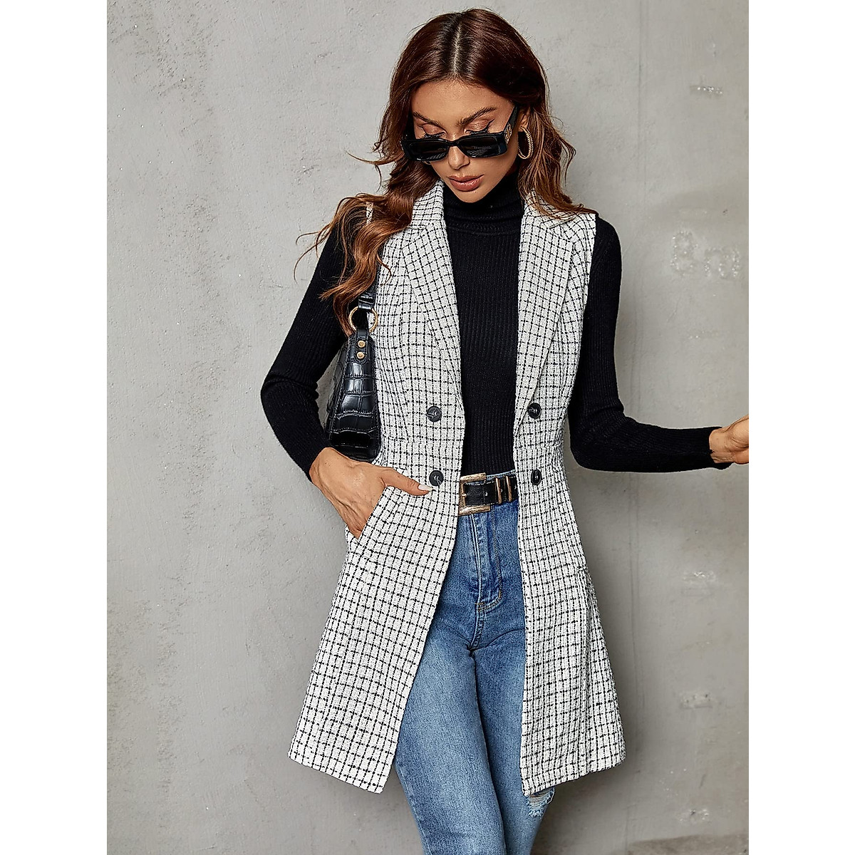 Floerns Women's Plaid Print Button Front Sleeveless Lapel Collar Blazer Jacket White XL