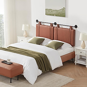 Iroomy Wall Mounted Headboard King with Brown Faux Leather Straps, Faux Leather Upholstered Headboard with Adjustable Heigh Headboard, King Headboard with Metal Bar for Dining Room, Bedroom, Brown