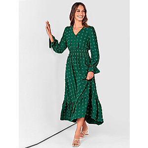 MASCOMODA Women Boho Maxi Dress 2024 Long Sleeve V Neck Swiss Dot Smocked High Waisted A-Line Ruffle Tiered Long Dress(X-Large, Dark Green)