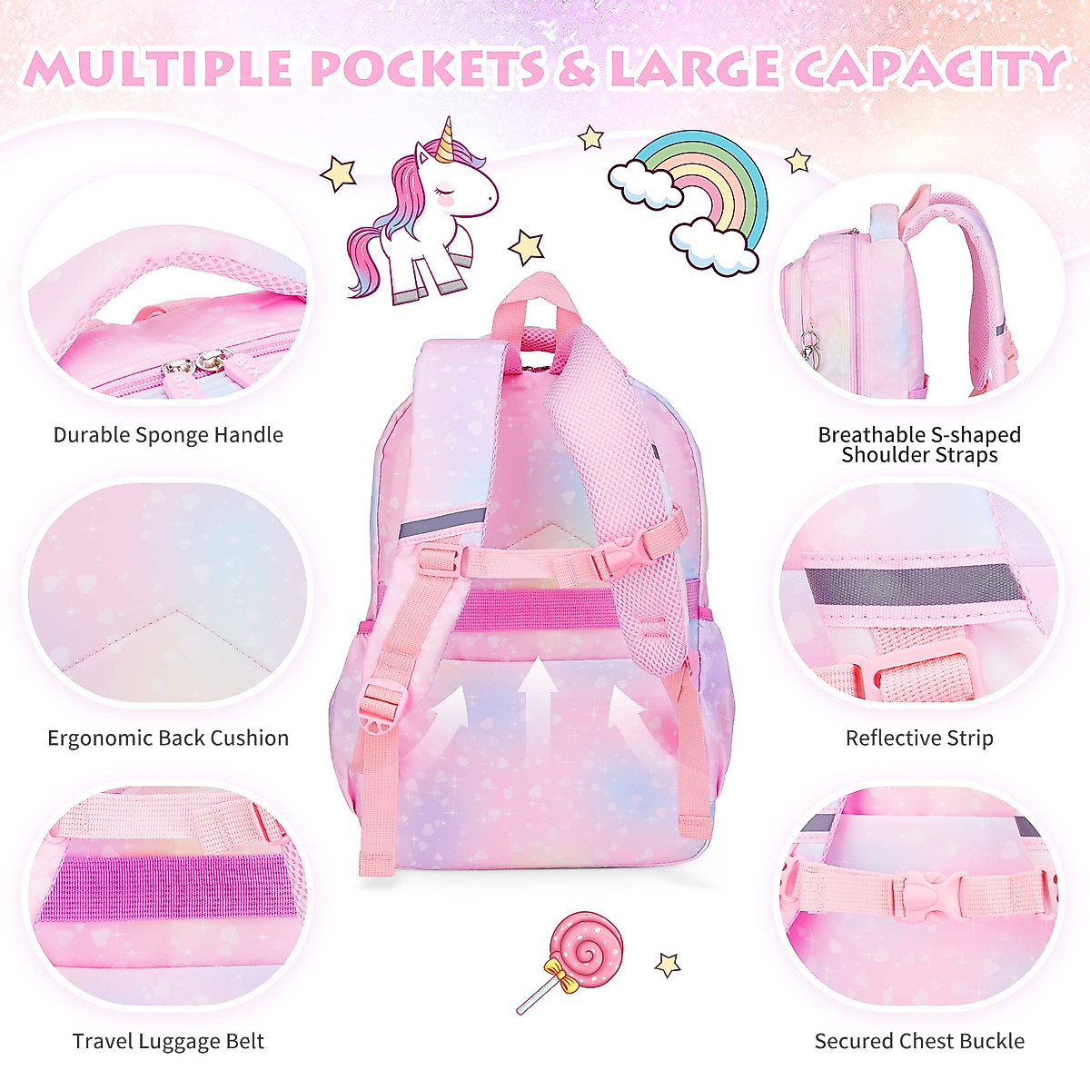 Backpacks for Girls School Cute Kids Backpack Bookbags with Insulated Lunch Box Set for School Elementary girl, Tie Dye School Bag with Laptop Compartments 16*11.5*7.5, Galaxy Pink