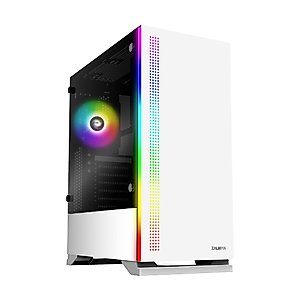 Zalman S5 ATX Mid-Tower Gaming PC Case, 2 x 120mm Fans Included (1x RGB), Thick 4mm Tempered Glass Side Panel, AIO Water Cooler Bracket, Front Panel RGB Strip (White)
