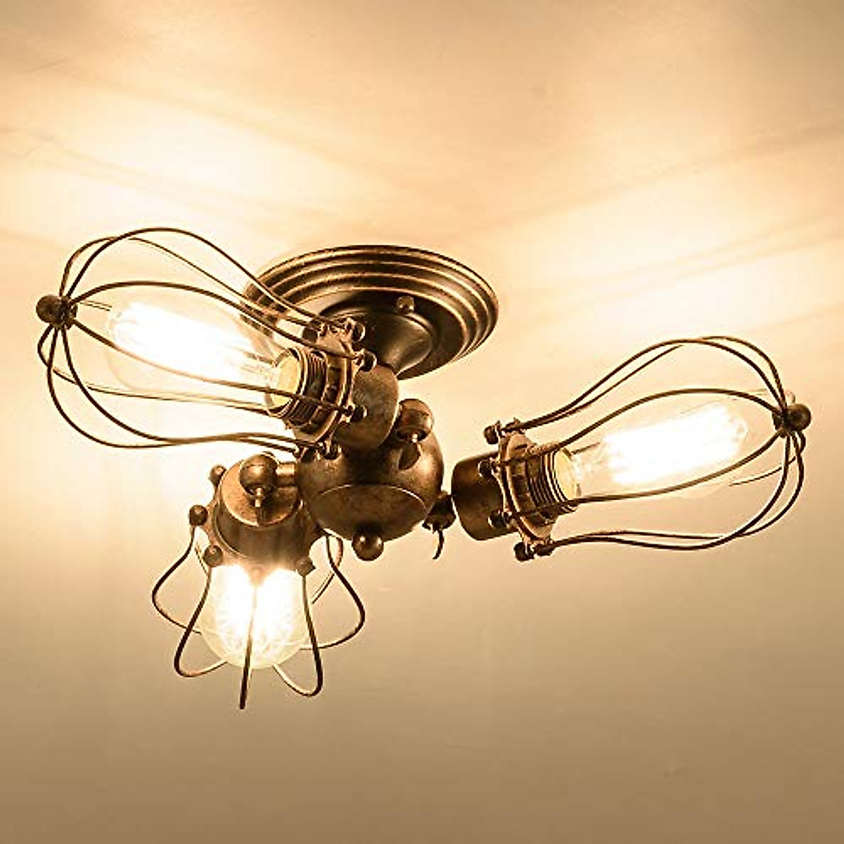 GLADFRESIT Vintage Ceiling Light 3 lights Adjustable Socket Rustic Lamp, Metal Cage Semi-Flush Mount Industrial Ceiling Light Indoor Home Retro Chandeliers Lighting Fixture