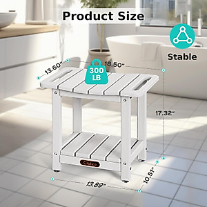 Ciokea Shower Bench for Inside Shower, Waterproof Plastic Shower Stool for Shaving Legs with Storage Shelf, HDPE Shower Bath Tub Benches for Bathroom, Indoor or Outdoor Use, White