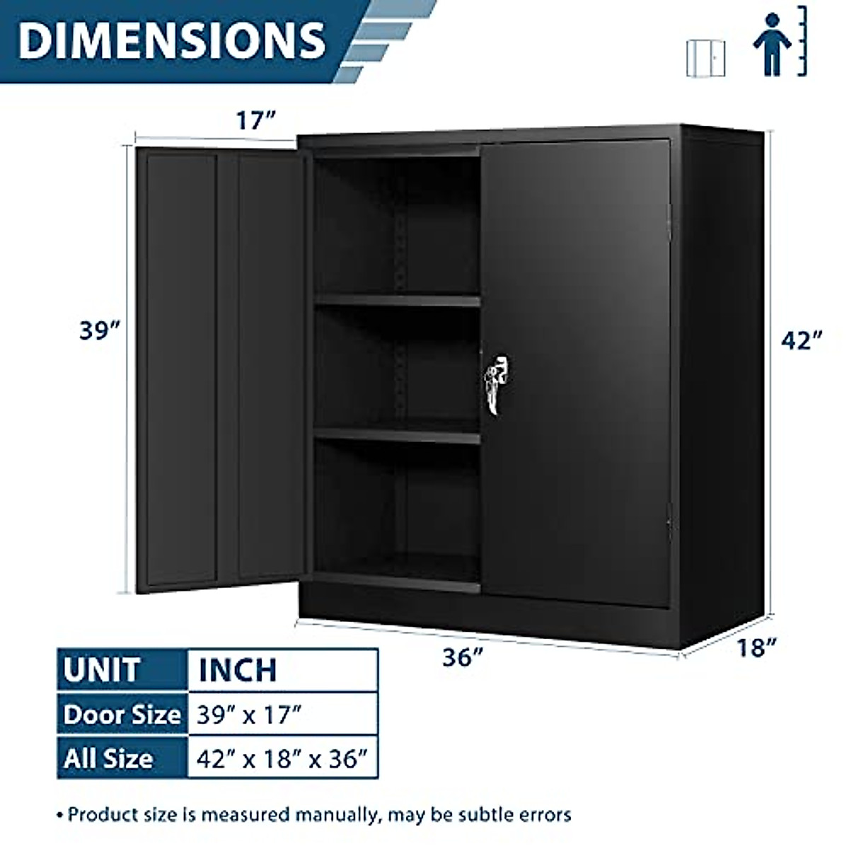 INTERGREAT Metal Storage Cabinet with Locking Doors, Lockable Steel Storage Cabinet with 2 Doors and Shelves, Black Metal Cabinet with Lock, Small Steel Cabinet for Home Office, Garage, Shop
