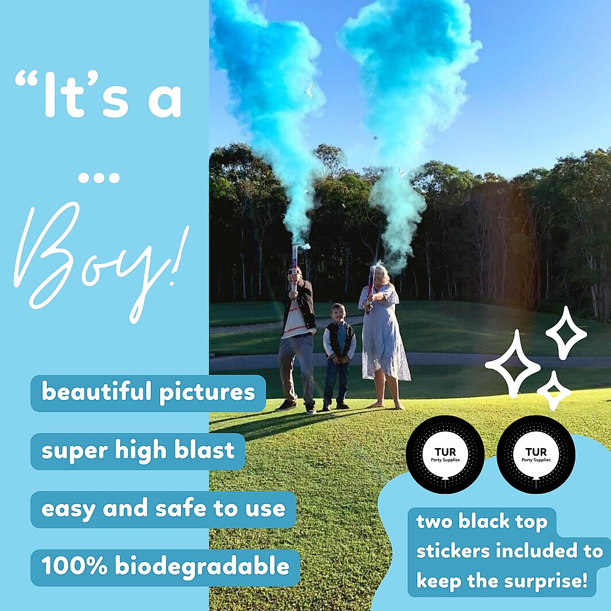 (2 Blue) Giant Gender Reveal Powder Cannon with Holi Powder | TUR Party Supplies | No Mess 100% Biodegradable | 24 inch | Confetti Poppers for Baby Boy or Girl Gender Reveal Decorations