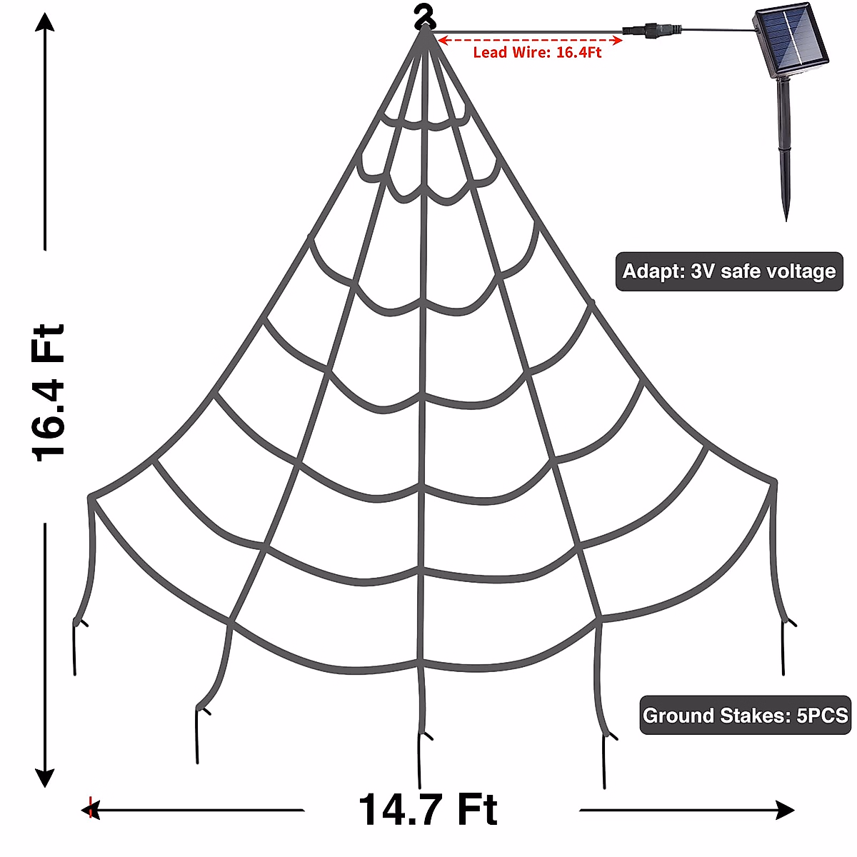 Outdoor Solar Powered Halloween Decorations Spider Web Lights, 14.8 x 16.4 FT Triangular White Spider Web with 135 LED Green Lights, Large Size Solar Halloween Decor