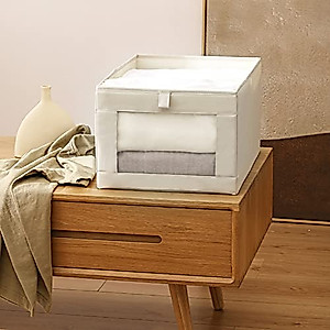 LaMorée Fabric Storage Bin Box Rectangular Cotton Linen Storage Basket Cube with Thick PP Board Clear Mesh Window Foldable Decorative Nursery Home Office Organizer Container – Beige, Large