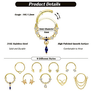 FIBO STEEL 16G Septum Ring Septum Piercing Jewelry for Women Stainless Steel Septum Nose Rings Horseshoe Cartilage Hoop Helix Tragus Piercing Jewerly Gold-tone 8mm