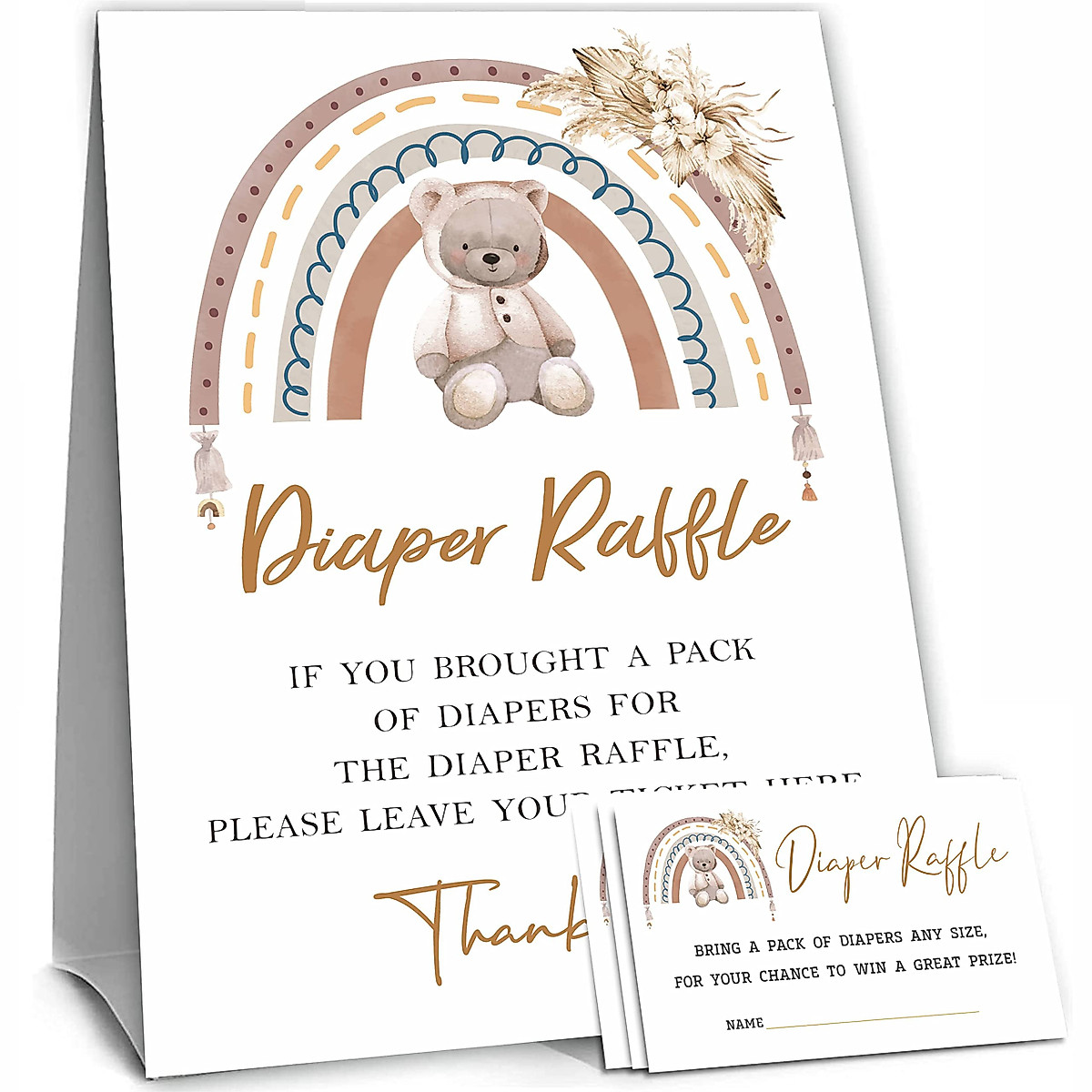 50 Diaper Raffle Tickets and 1 Self-standing Diaper Raffle Sign, Bear Boho Rainbow Baby Gender Reveal Party Supplies, Gender Neutral Baby Shower Decorations - LBLK-017