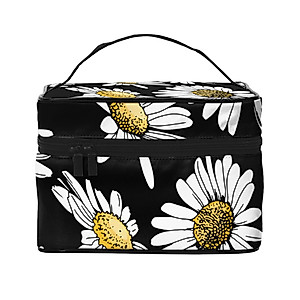 Women's Lightweight Makeup Bag Pouch Compatible with Floral Chamomile Or Daisy Flowers Black Toiletry Bag, Funny Travel Cosmetic Bag Portable Bag with Zip for Office College