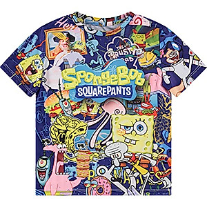 SpongeBob SquarePants Boys Shirt - Spongebob Tee - Spongebob Sublimated Allover T-Shirt (White, 14/16)