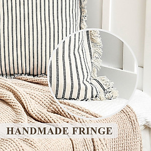 ZWJD Throw Pillow Covers 18x18Set of 2 Striped Pillow Covers with Fringe Chic Cotton Decorative Pillows Square Cushion Covers for Sofa Couch Bed Living Room Farmhouse Decor