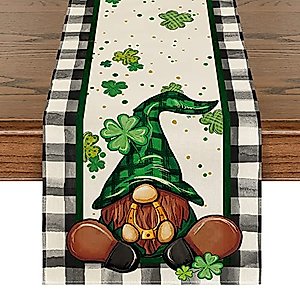 Artoid Mode Buffalo Plaid Shamrock Gnome St. Patrick's Day Table Runner, Seasonal Spring Holiday Kitchen Dining Table Decoration for Indoor Outdoor Home Party Decor 13 x 72 Inch