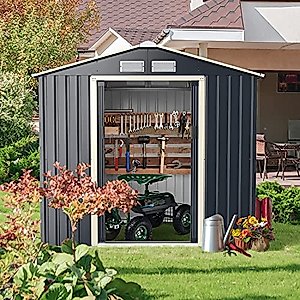 Renatone Outdoor Storage Shed, 7 x 4 FT Galvanized Metal Storage House with 4 Vents & Double Sliding, Steel Utility Tool Shed for Garden, Backyard, Patio