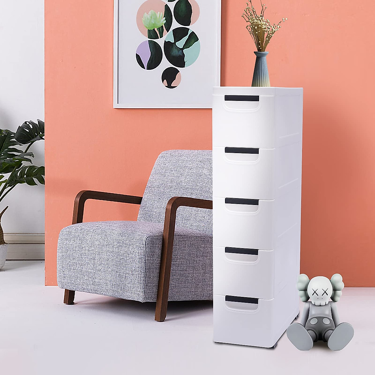 Rocoreny 5 Tiers Plastic Storage Drawer Units,Closet Organizer Stacking Vertical Freestanding Shelf Drawer Dresser With Casters For Bedroom Living Room Playroom Toys (White 7.87 * 15.75 * 33in)