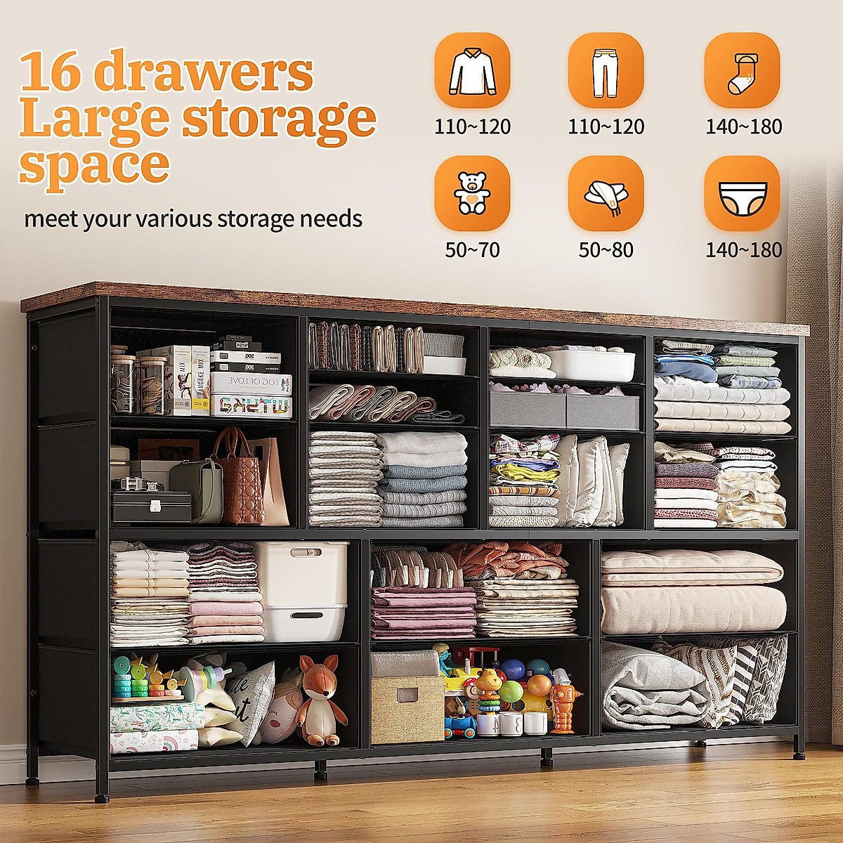 EnHomee 60" TV Stand Dresser TV Stand with Charging Station TV Stands for Living Room Long Dresser for Bedroom TV Stand with 16 Drawers Storage TV Stand for Bedroom Dresser 51.1''W*11.8''D*34.8''H