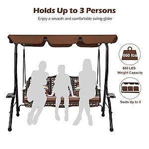 U-MAX 3-Seat Outdoor Patio Swing Chair, Large Converting Canopy Porch Swing Glider, Hammock Lounge Chair for Porch, Rattan Wicker Steel Frame Cushion & Pillow, Brown