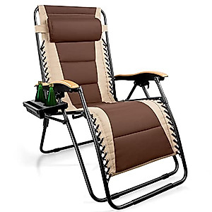 FREE SOLDIER Oversized XL Padded Adjustable Reclining Folding Chair with Cup Holder 400lb Capacity Gravity Chairs Anti Gravity Chairs Zero Gravity Chairs (Brown)