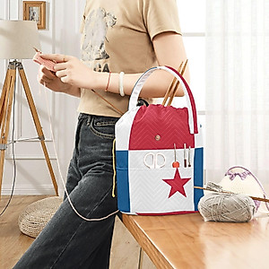Yasala Patriot Yarn Storage Bag Panama Flag Crochet Organizer Tote for Knitting Accessories Supplies Holder with Handle & Grommets Holiday Present for Craft Lover