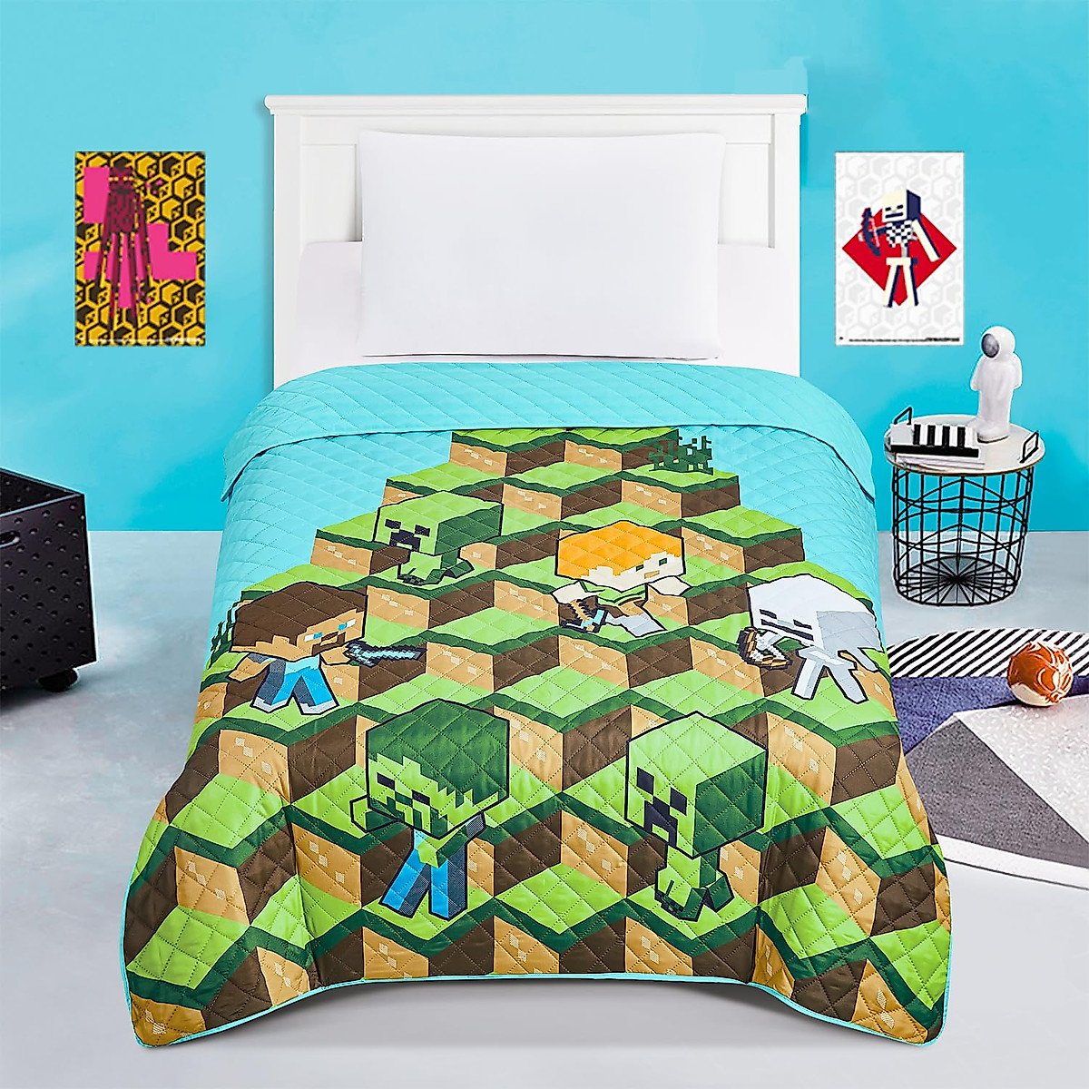 Minecraft Twin Bedding Set for Kids - Bundle with Minecraft Bedspread, Flat Sheet, Fitted Sheet, and Pillowcase for Twin Bed Plus Posters, Phone Wallet, More | Minecraft Bedroom Decor