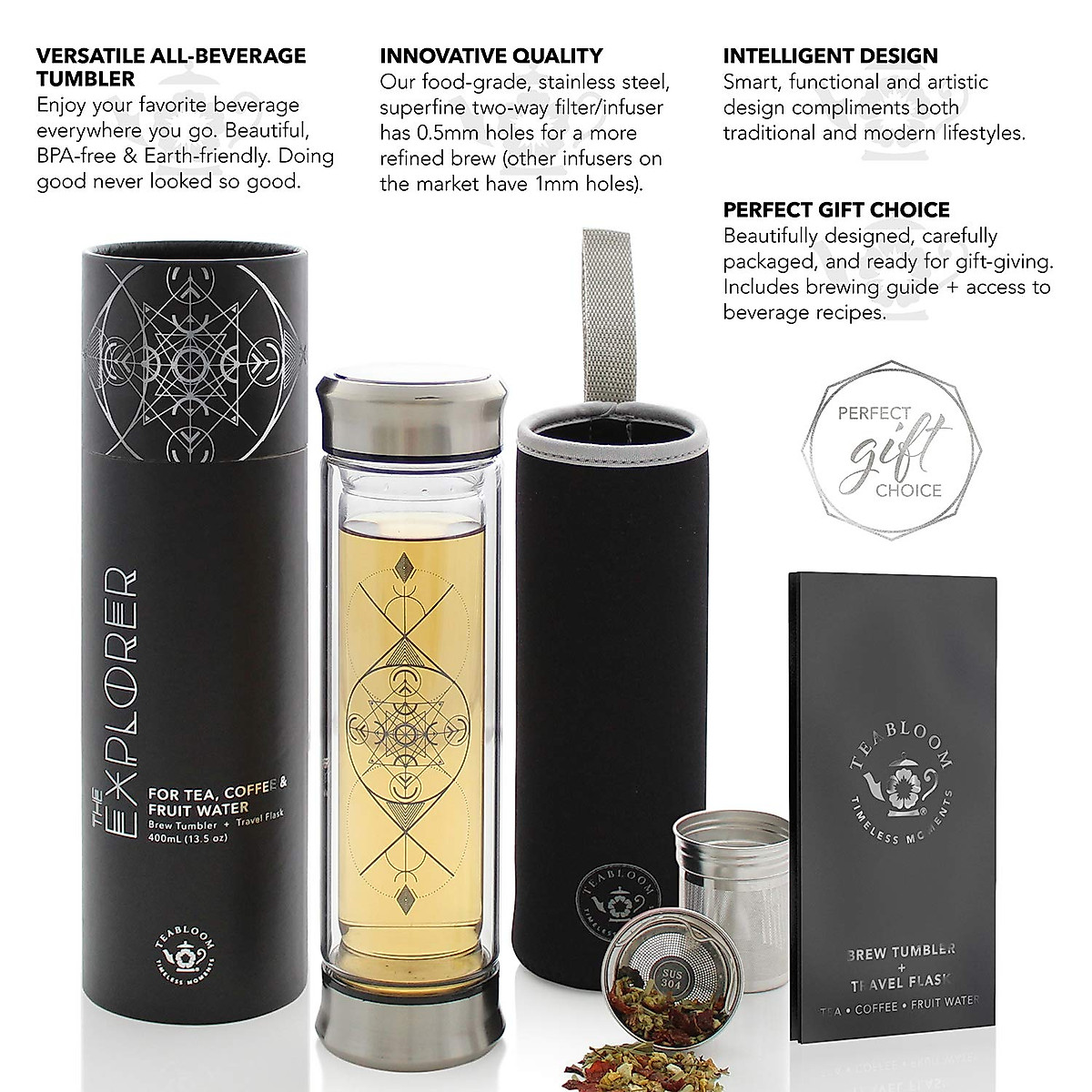 Teabloom All-Beverage Infusion Bottle – 14 oz / 400 ml – Double Wall Insulated Glass Travel Flask – Hot Tea & Cold Brew Coffee Thermos – Removable Sleeve